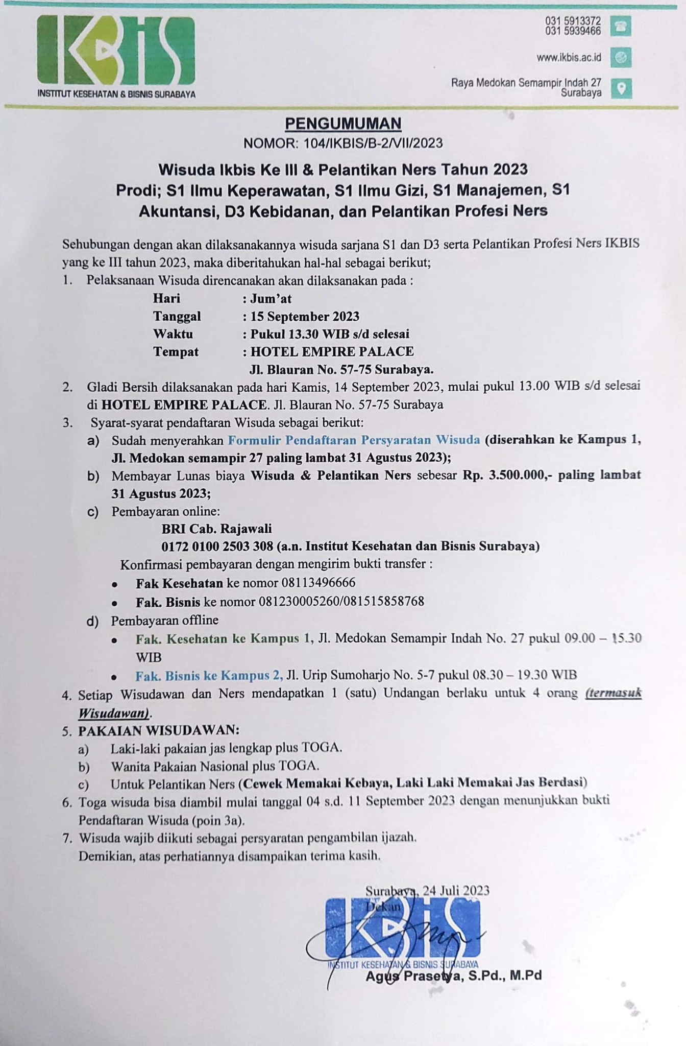 Pengumuman Wisuda IKBIS Ke-3 & Pelantikan Ners Tahun 2023 - Institut Kesehatan dan Bisnis Surabaya