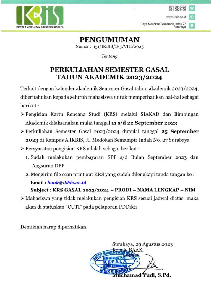 Pengumuman Perkuliahan & Pengisian KRS Semester Gasal TA. 2023-2024 - Institut Kesehatan dan ...